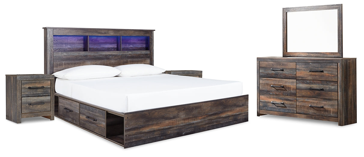 Drystan King Bookcase Bed with 4 Storage Drawers with Mirrored Dresser Barnett and Swann Home Furnishings